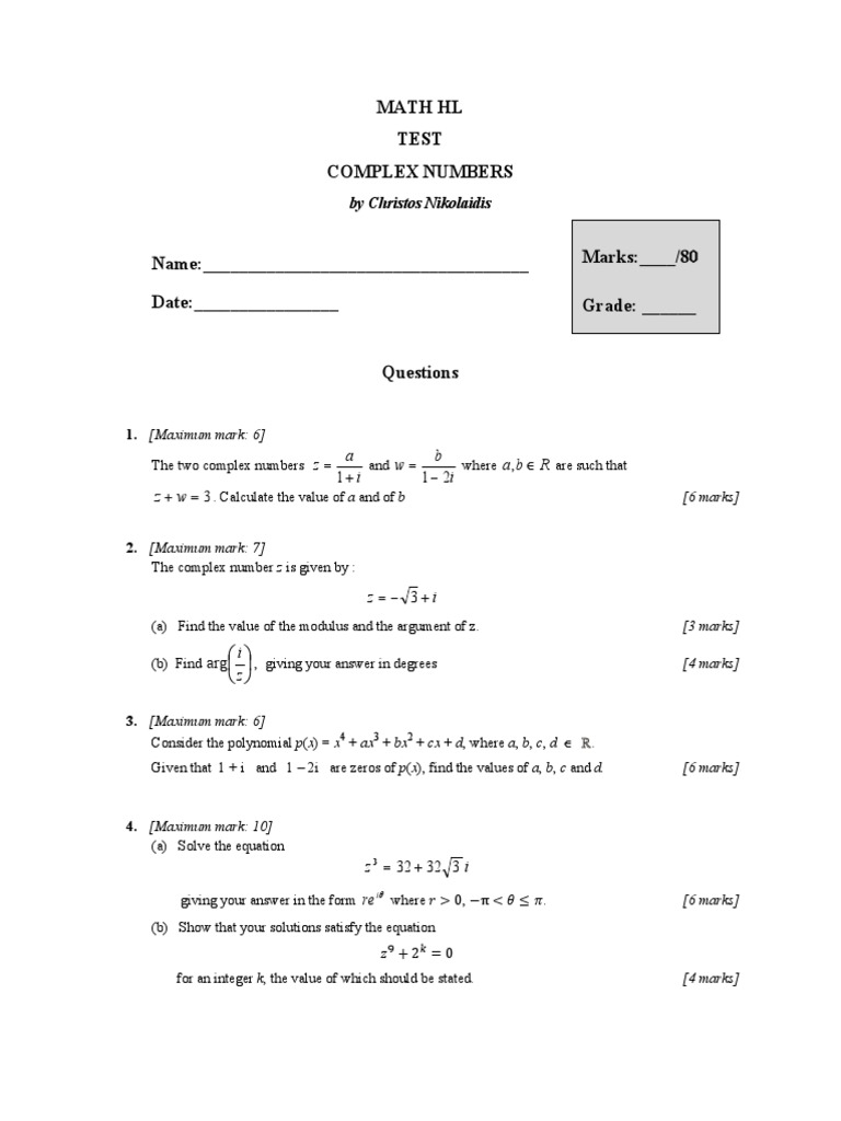 TEST 4. Complex Numbers (2015B) | PDF | Complex Number | Equations