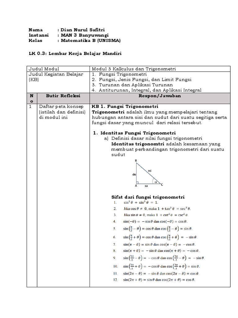 LK 0.3 Modul 3 Kalkulus Dan Trigonometri - Dian Nurul | PDF | Metode & Bahan Ajar