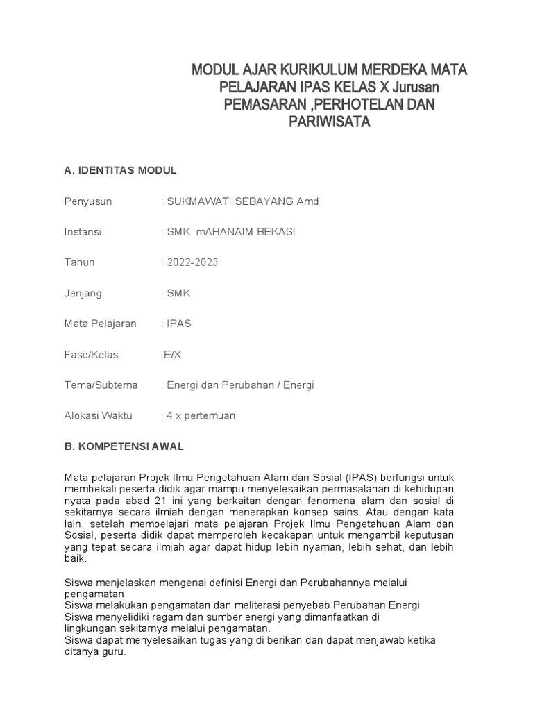 Modul Ajar KLS X Kurikulum Merdeka | PDF