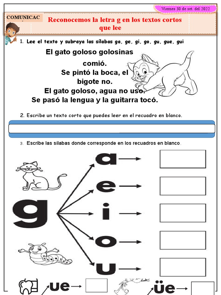 FICHA COM - Reconocemos La Letra G en Los Textos Cortos Que Lee | PDF