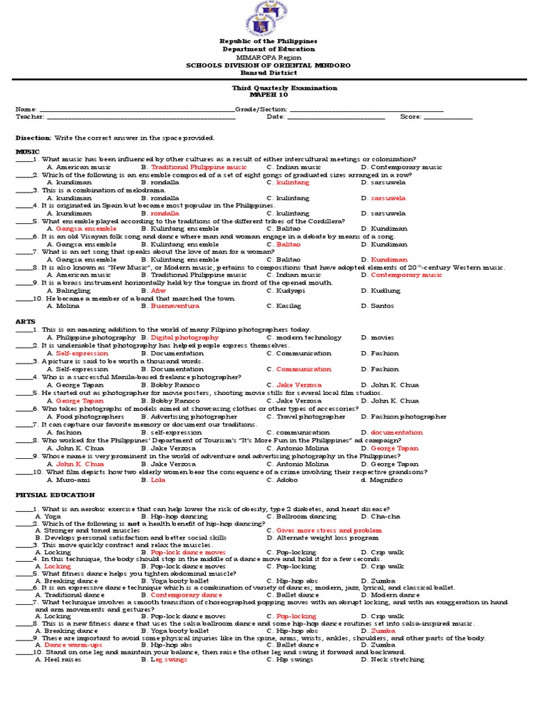Third Exam Mapeh 10 | PDF | Dances | Malnutrition