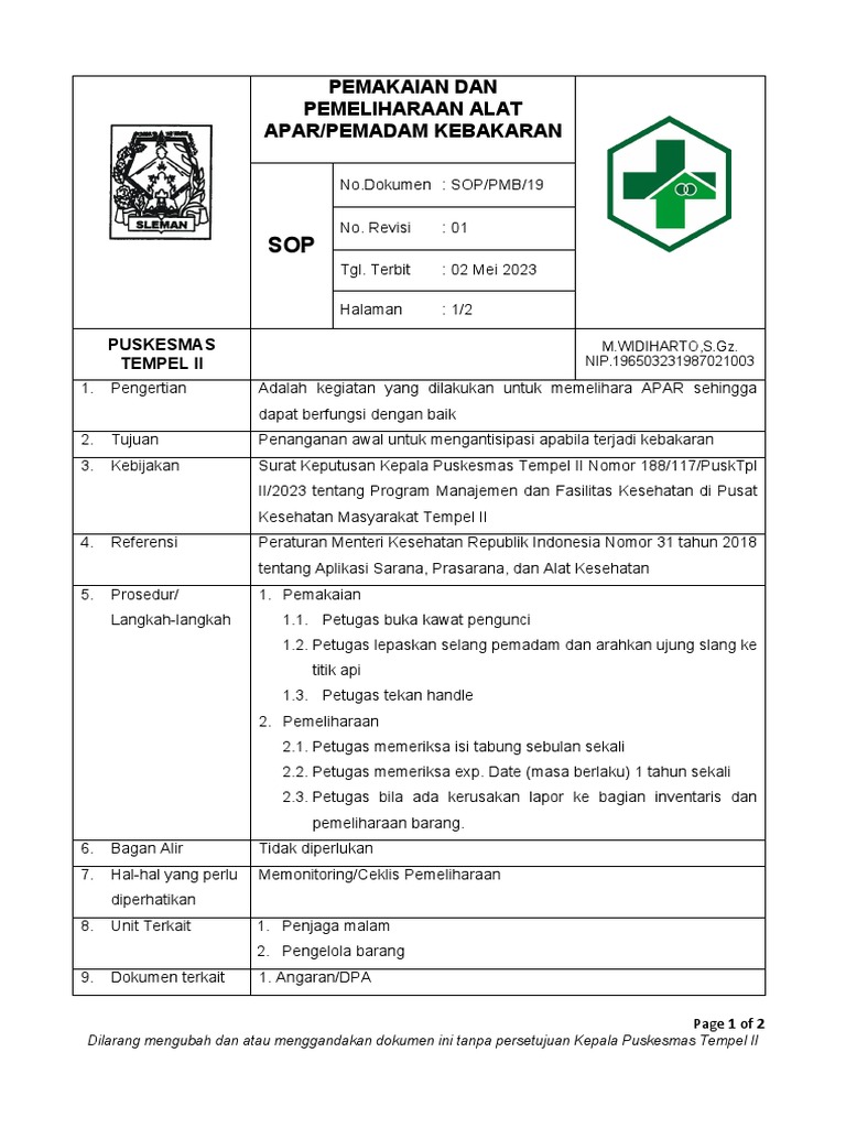 19.SOP Pemakaian Dan Pemeliharaan APAR - Copy | PDF