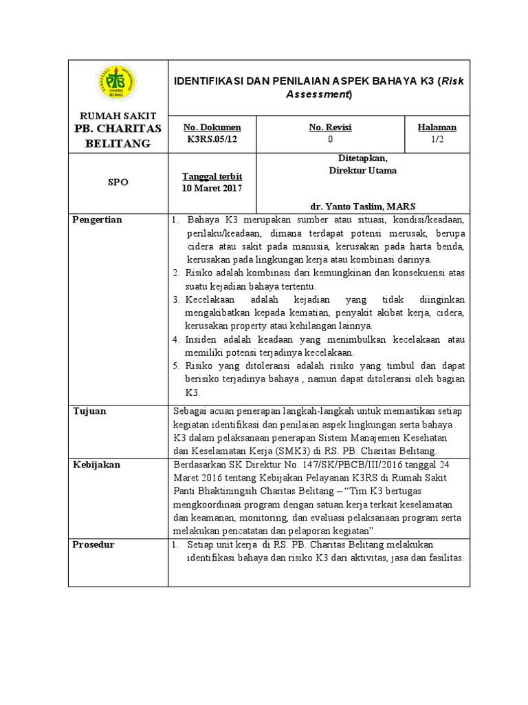 1.SPO Identifikasi Dan Penilaian Aspek Bahaya K3 (Risk Assessment) | PDF