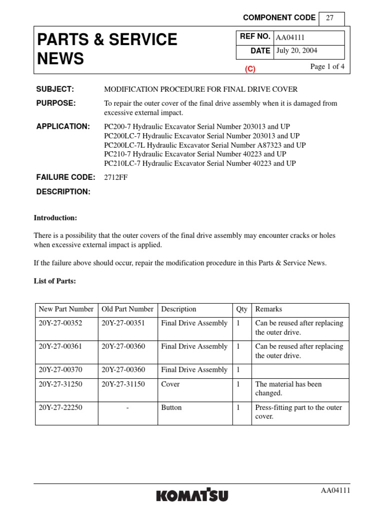 AA04111 PC200-7 Modif. Tapas Mando Final | PDF | Materials | Secondary Sector Of The Economy