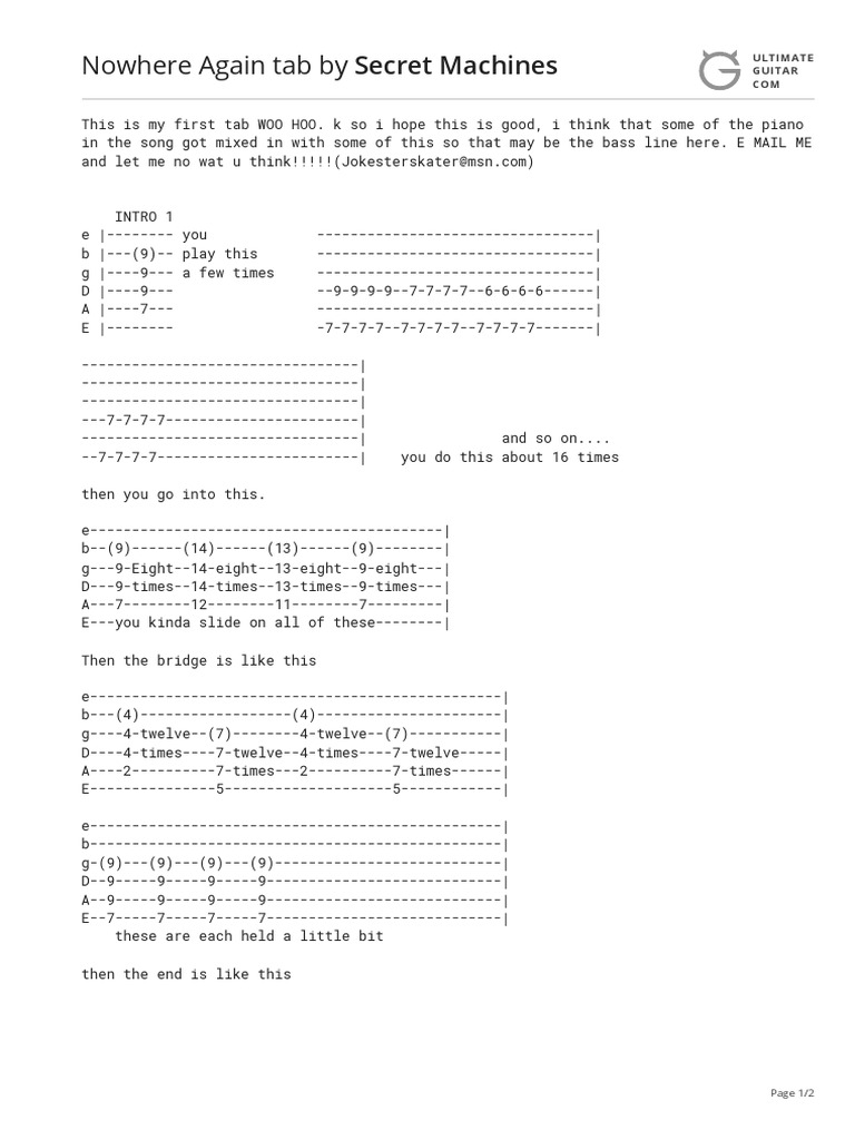 Nowhere Again Tab by Secret Machines | PDF | Music Industry | Music Technology