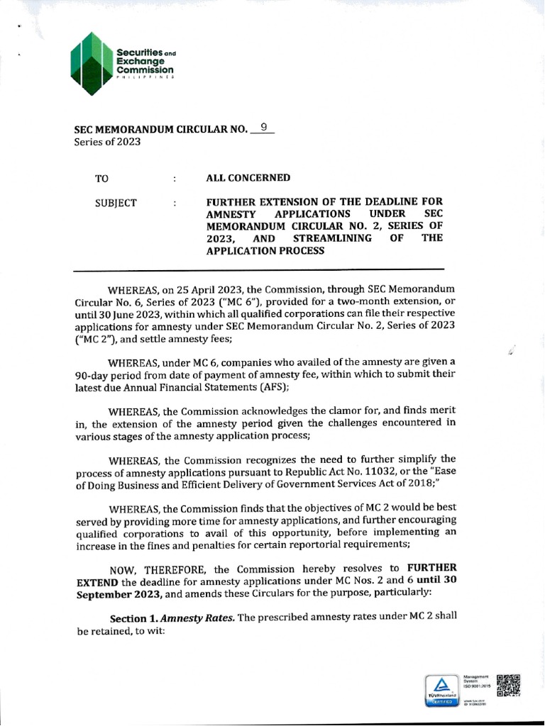SEC MC No. 9, Series of 2023further Extension of The Deadline For ...