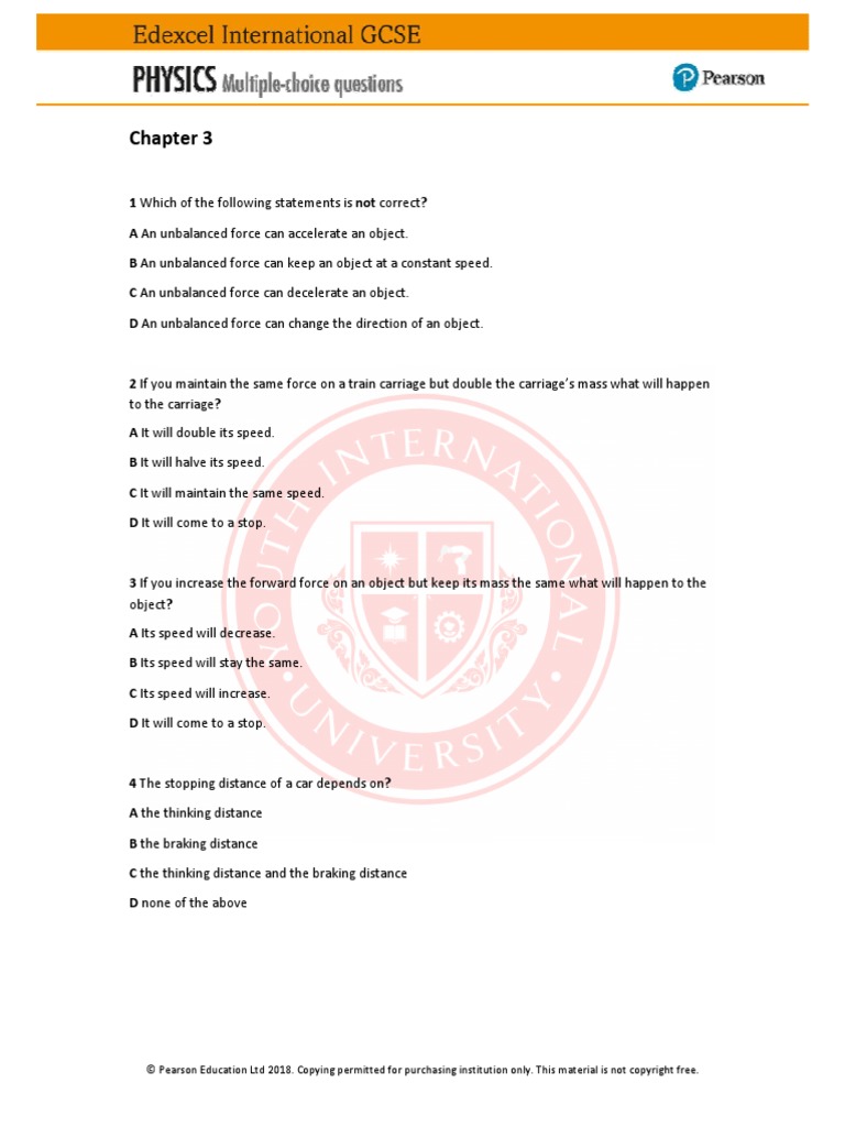 IGCSE - Physics - MCQ 3 - Forces and Movement | PDF | Force | Mass