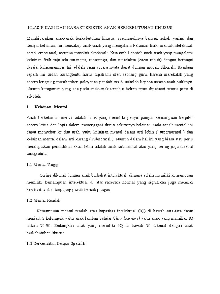 Klasifikasi Dan Karakteristik Anak Berkebutuhan Khusus | PDF | Pengembangan Diri | Kesehatan ...