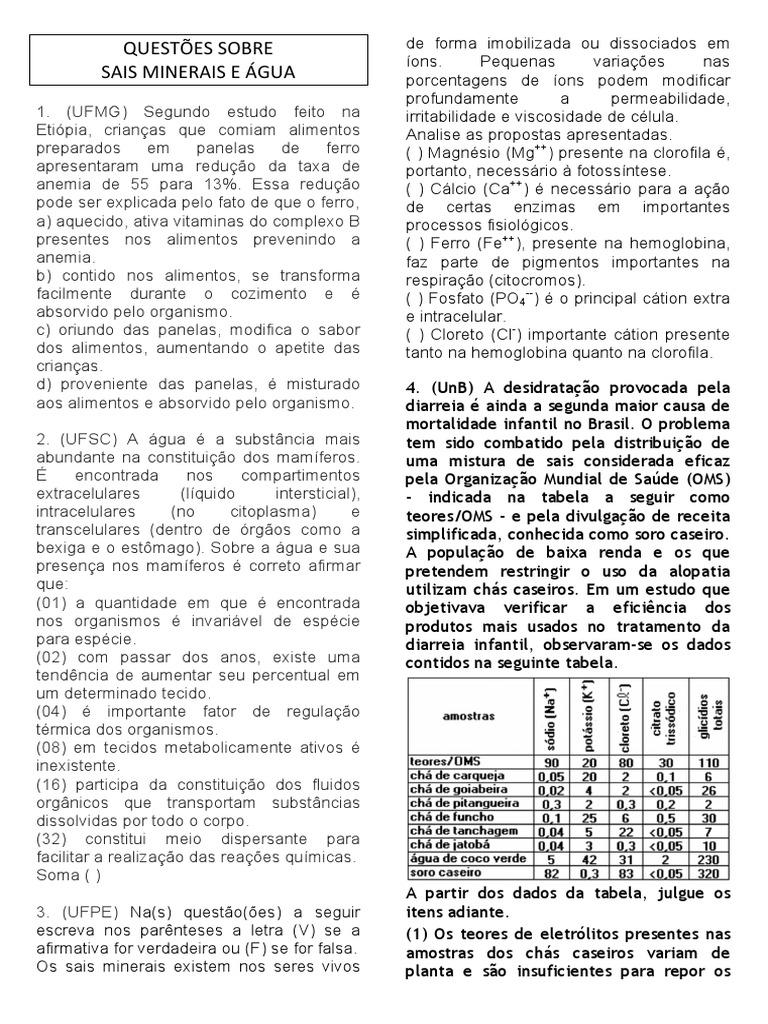 Questões Sobre Sais Minerais E água Pdf Flúor Ferro