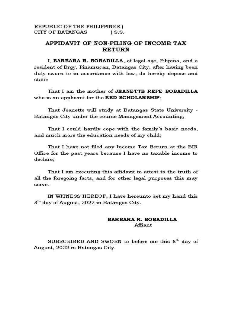 Affidavit - Non-Filing of ITR | PDF | Finance & Money Management