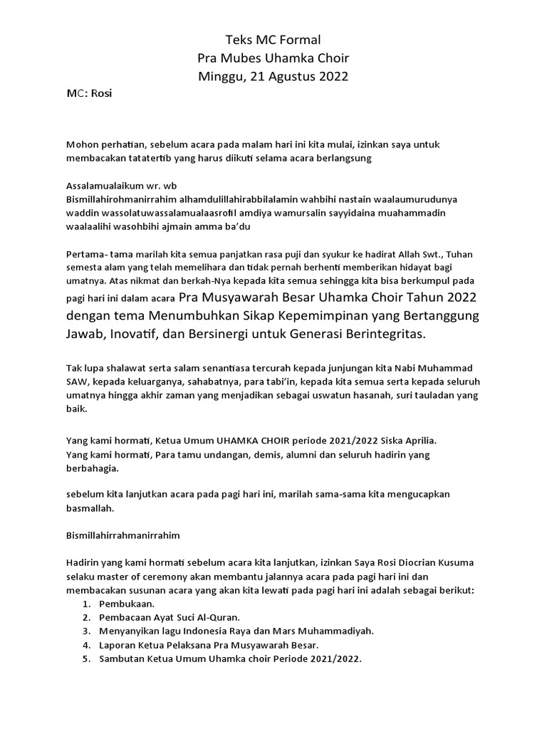 Teks MC Formal Pra Mubes | PDF