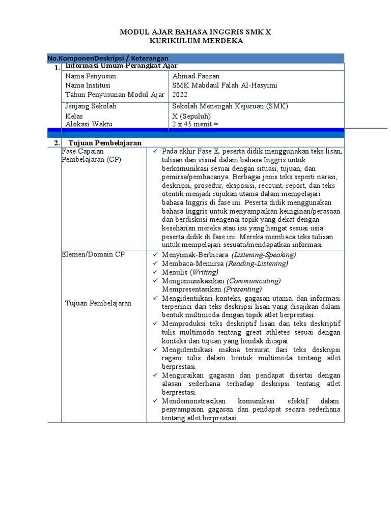 MODUL AJAR BAHASA INGGRIS SMK X KURIKULUM MERDEKA DESKRIPTIVE TEXT | PDF