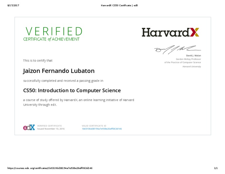 HarvardX CS50 Certificate - Edx | PDF HarvardX CS50 Certificate - Edx | PDF