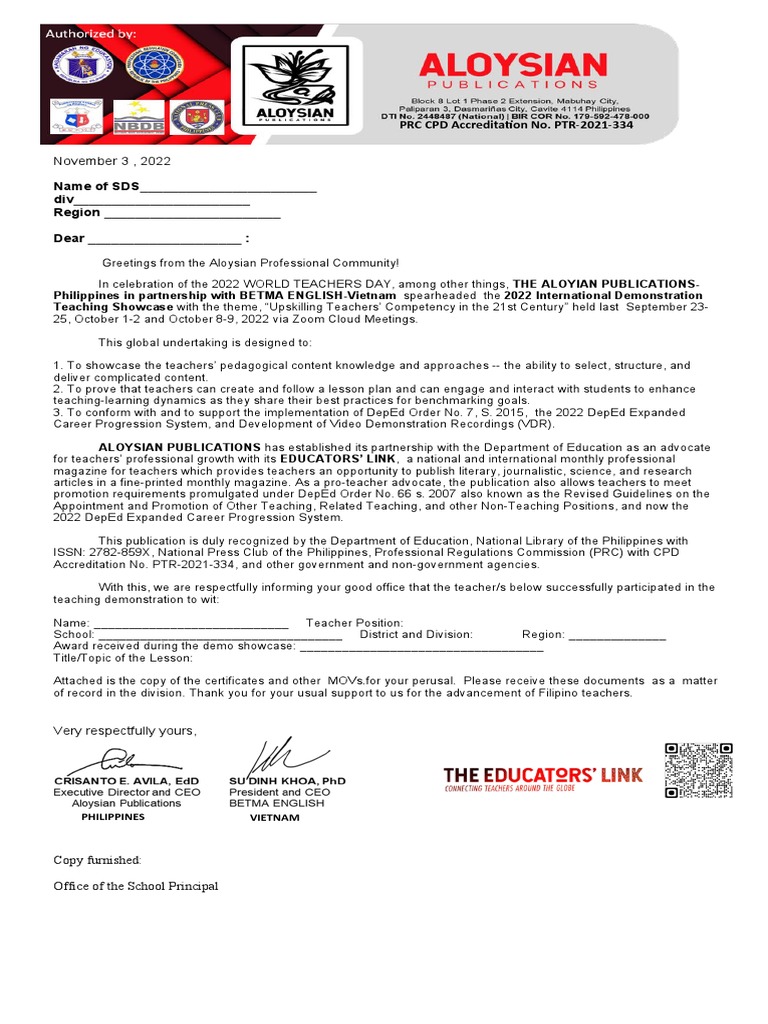 Letter Informing SDO For Successful Demo Teaching Partcipation | PDF | Teachers | Behavior ...