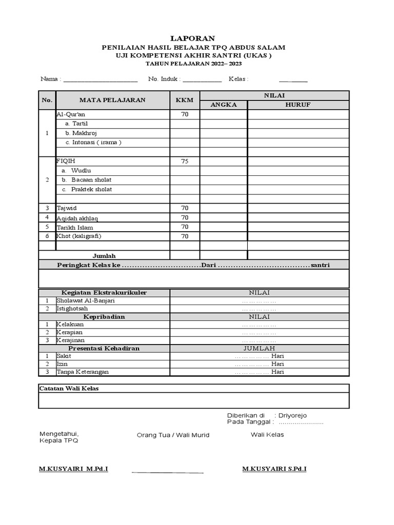 Rapot Sisipan TPQ | PDF