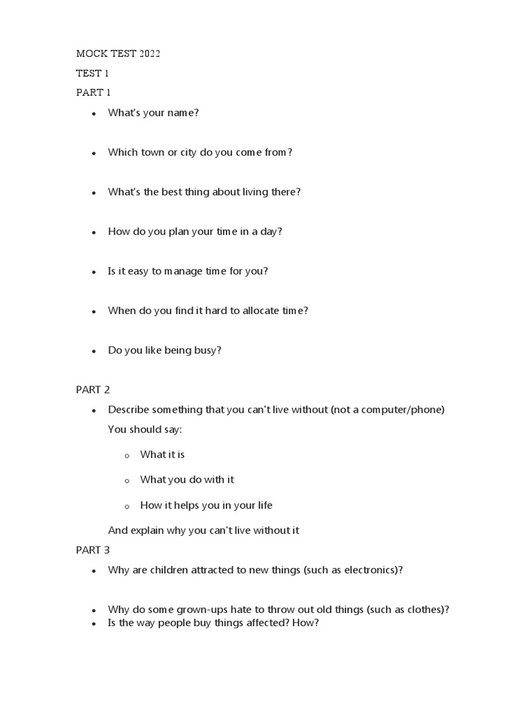 Ielts Speaking Mock Test 2022 | PDF | News | Leisure Ielts Speaking Mock Test 2022 | PDF | News | Leisure
