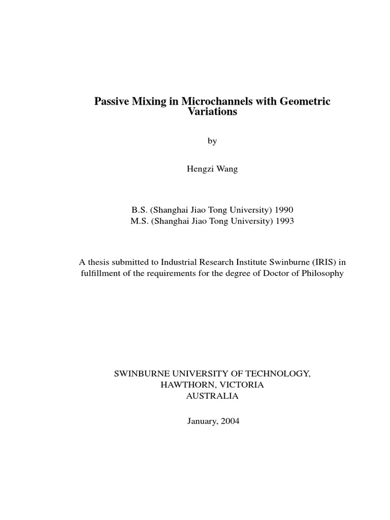 Passive Mixing in Microchannels - Thesis - 2004 | PDF | Microfluidics | Computational Fluid Dynamics