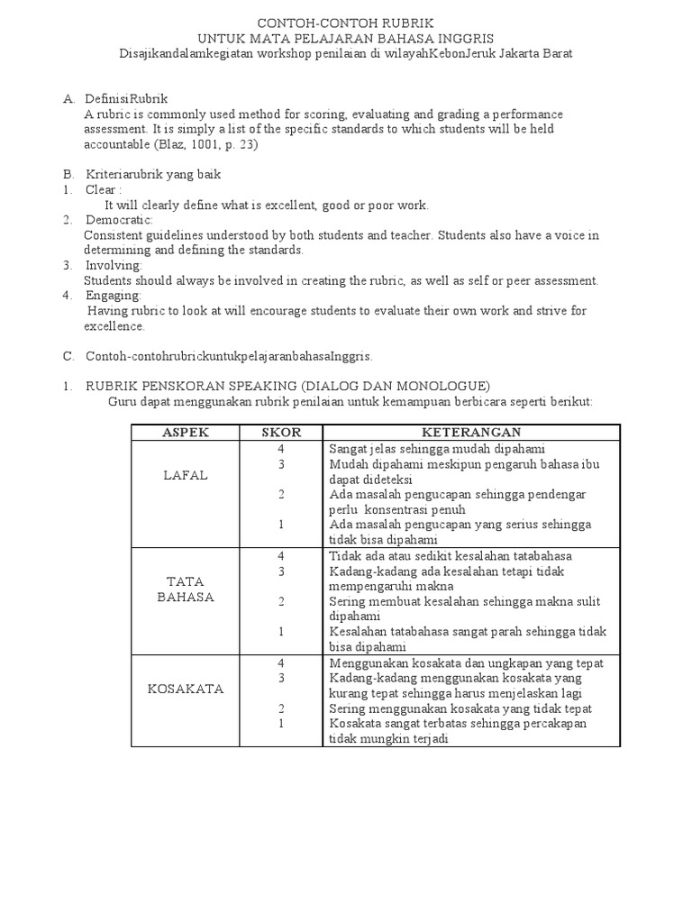 Rubrik Penilaian English Skill | PDF Rubrik Penilaian English Skill | PDF