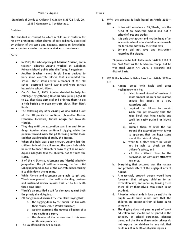 Ylarde v. Aquino - Torts Digest | PDF | Tort | Negligence