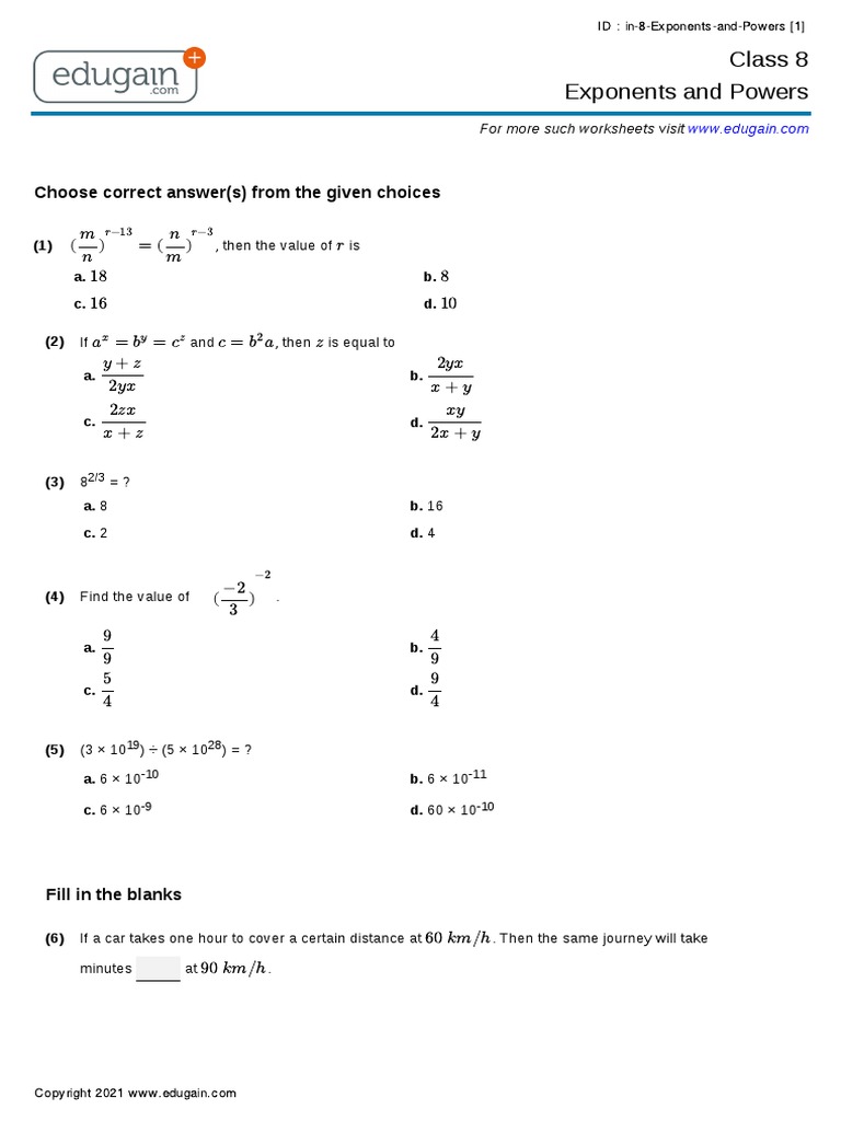 Grade 8 Exponents and Powers in | Download Free PDF | Speed | Applied ...