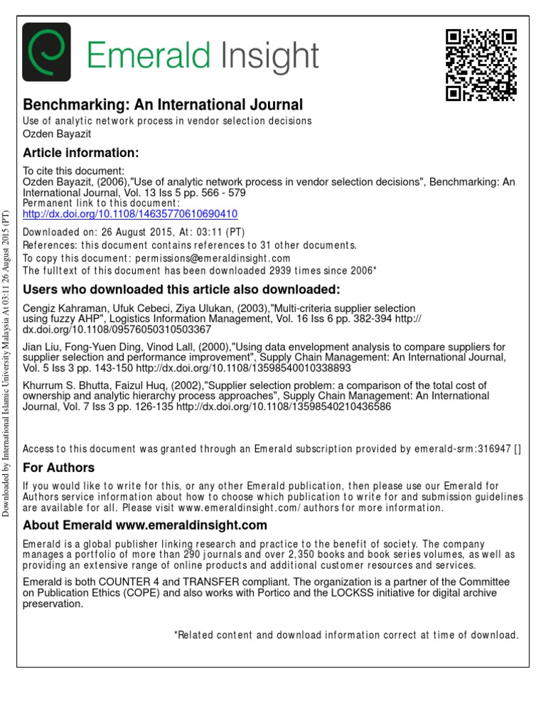 2006 Use Of Analytic Network Process In Vendor Selection Decisions Pdf Supply Chain