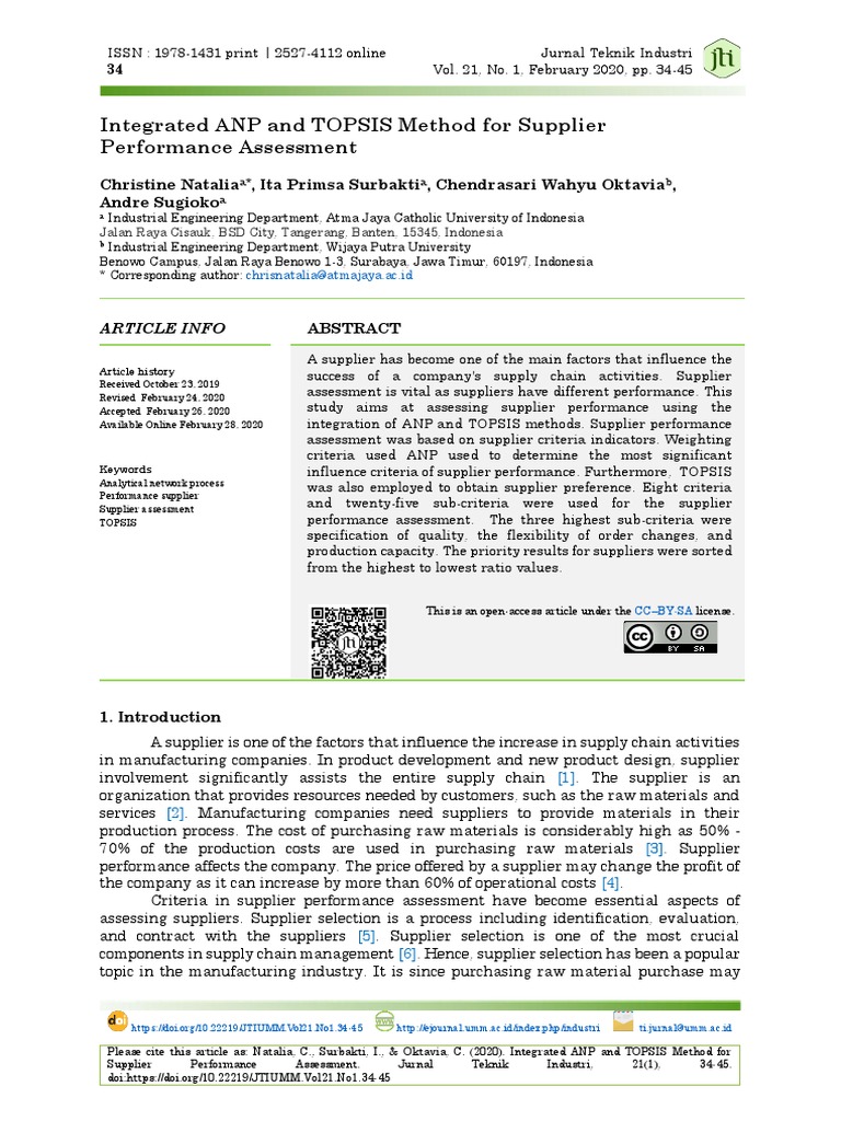 2020 Integrated Anp And Topsis Method For Supplier Performance