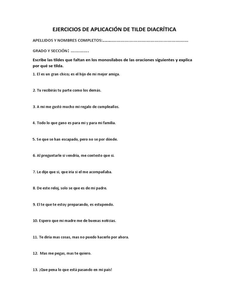 EJERCICIO de La TILDE DIACRÍTICA | PDF