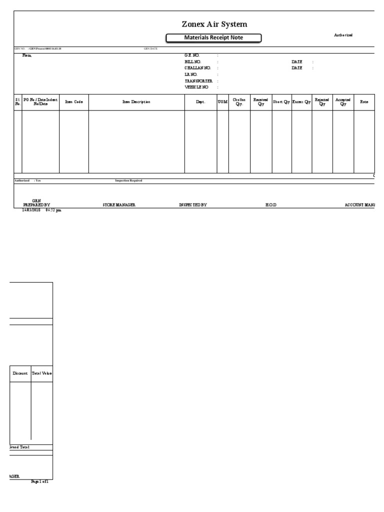 GRN Template for Material Receipt | PDF