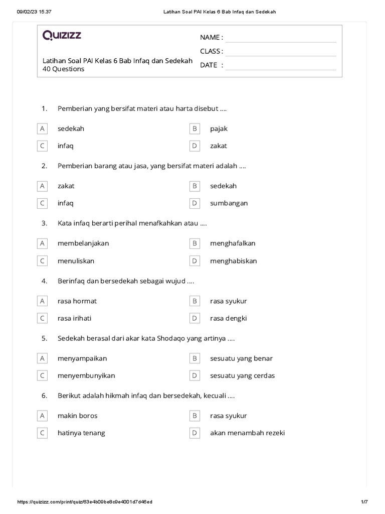 Latihan Soal PAI Kelas 6 Bab Infaq Dan Sedekah | PDF