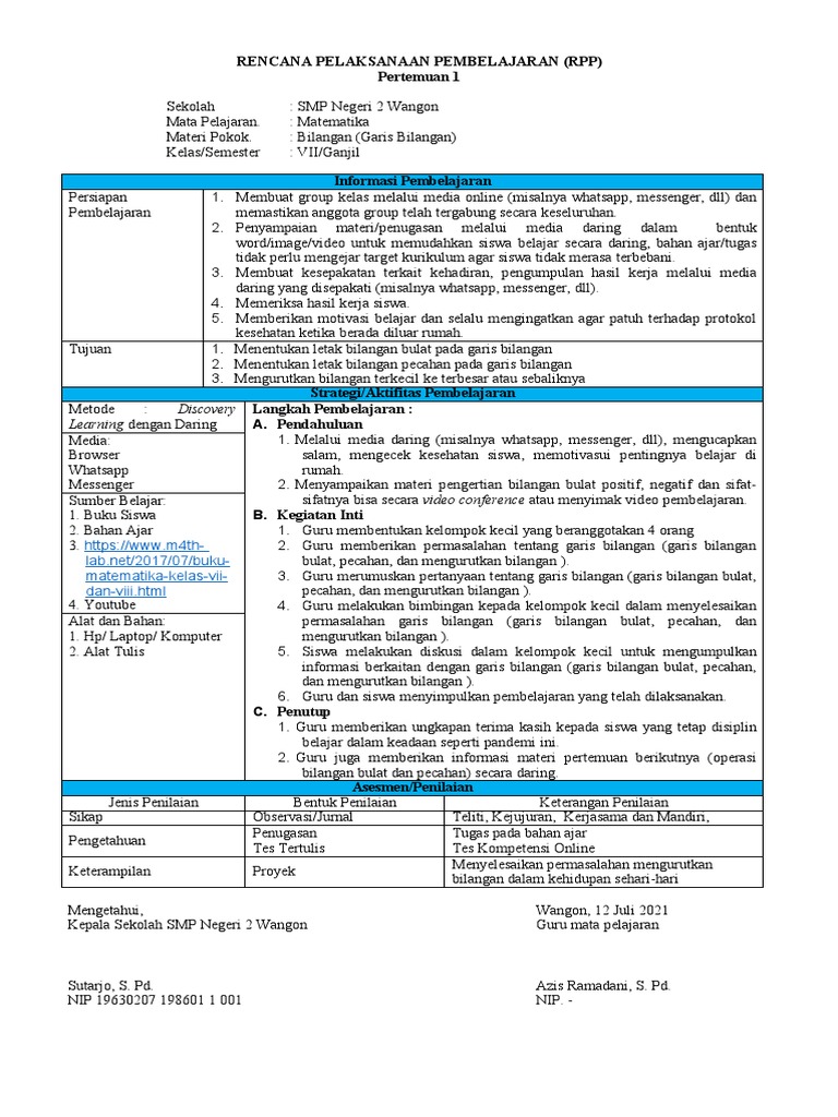 RPP Matematika Kelas 7 | PDF | Karier & Perkembangan