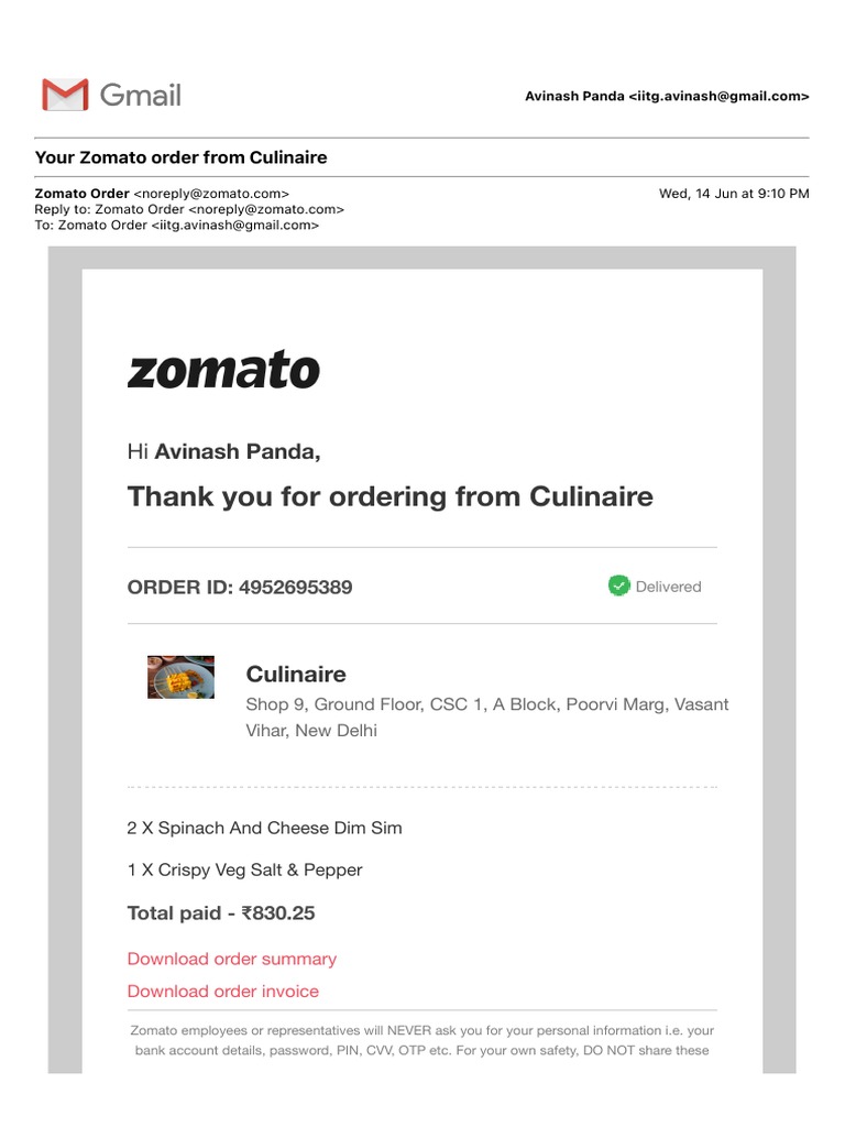 Zomato Order Confirmation: Culinaire | PDF