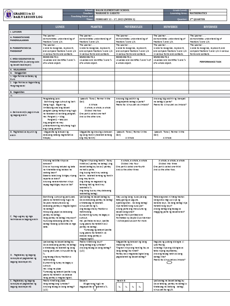 DLL - Mathematics 1 - Q3 - W1 | PDF | Learning | Behavior Modification
