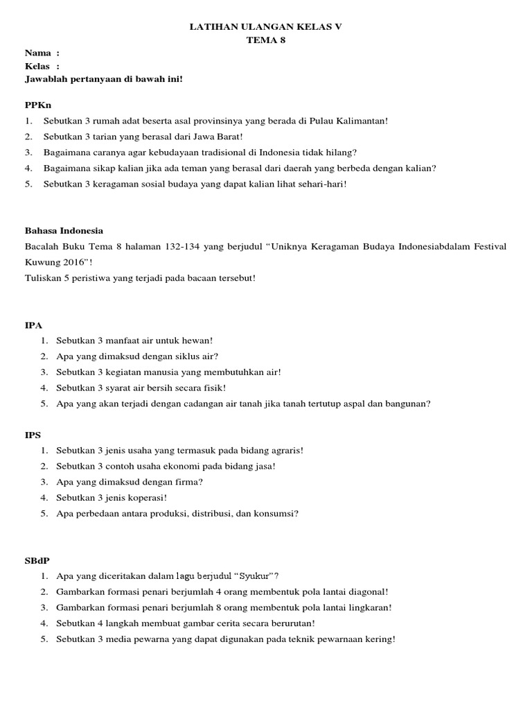 Latihan Ulangan Tema 8 | PDF
