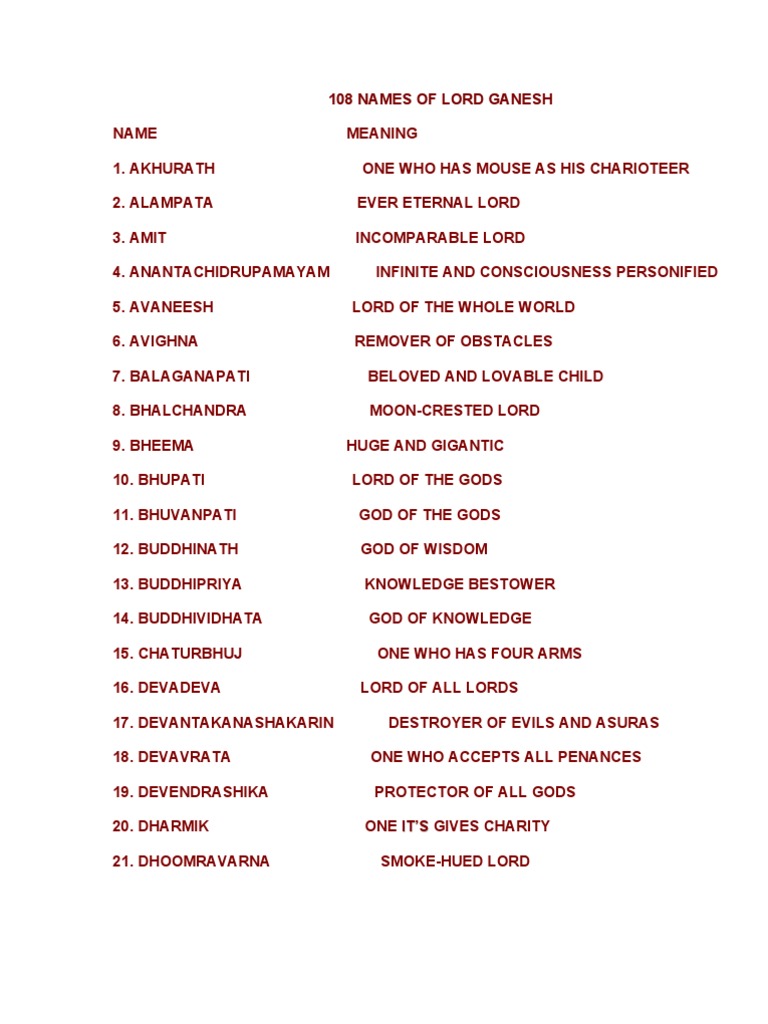 108 Names of Lord Ganesh | PDF | Hindu Gods | Asian Mythology