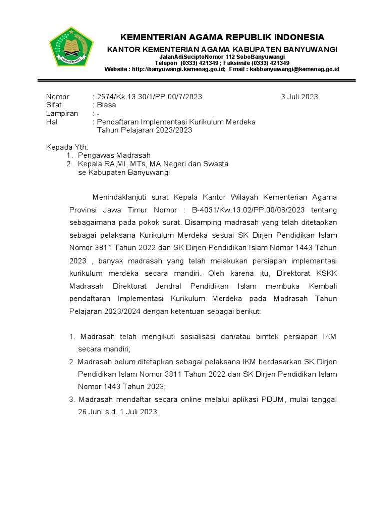 Surat Susulan Pendaftaran Ikm Tapel 2023 2024 | PDF