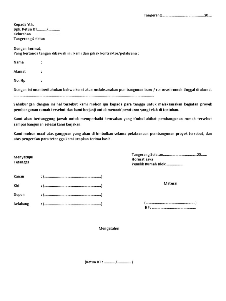 Surat Izin Renovasi Rumah ke Tetangga | PDF