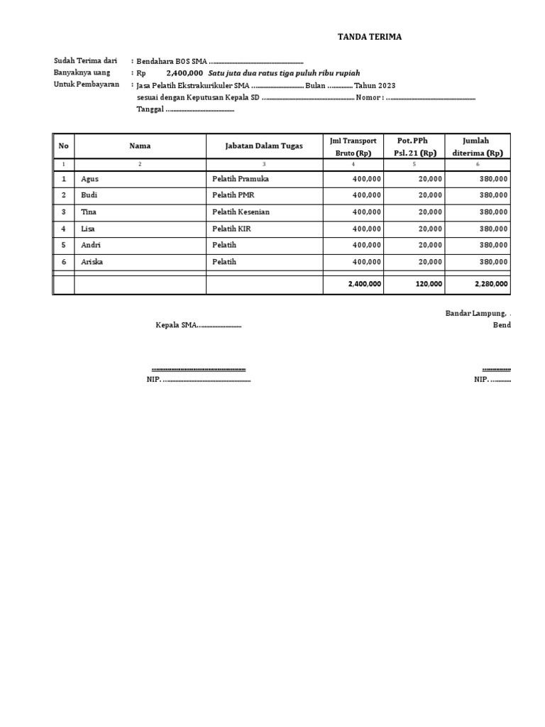 Contoh Tanda Terima Jasa Pelatih | PDF