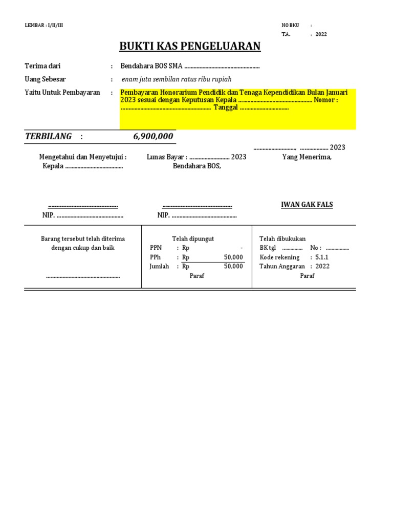 Contoh Bukti Kas Pengeluaran (BKP) | PDF