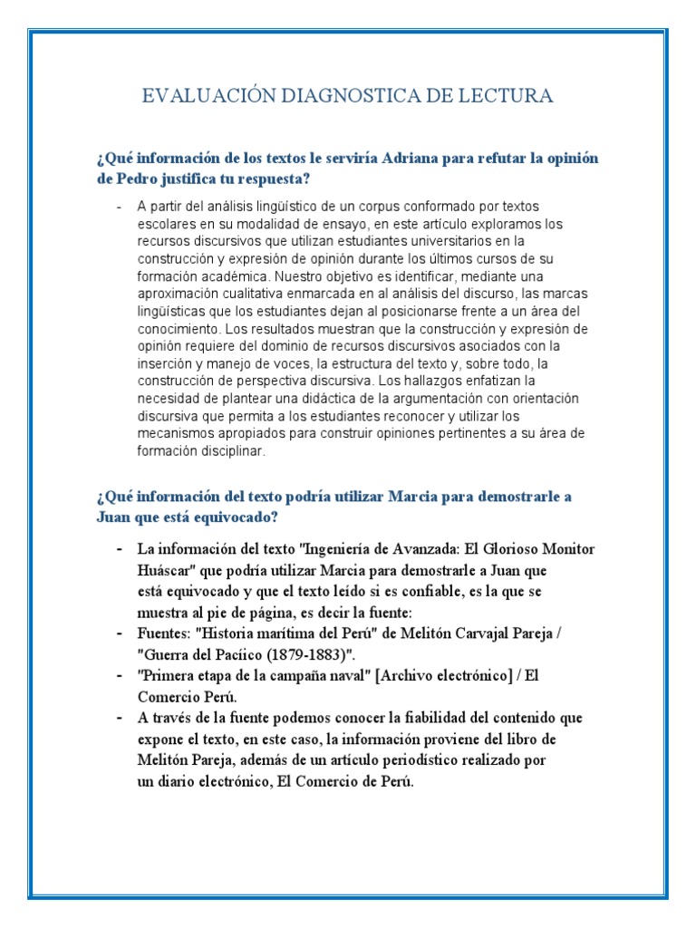 EVALUACIÓN DIAGNOSTICA DE LECTURA COMUNICACION | PDF