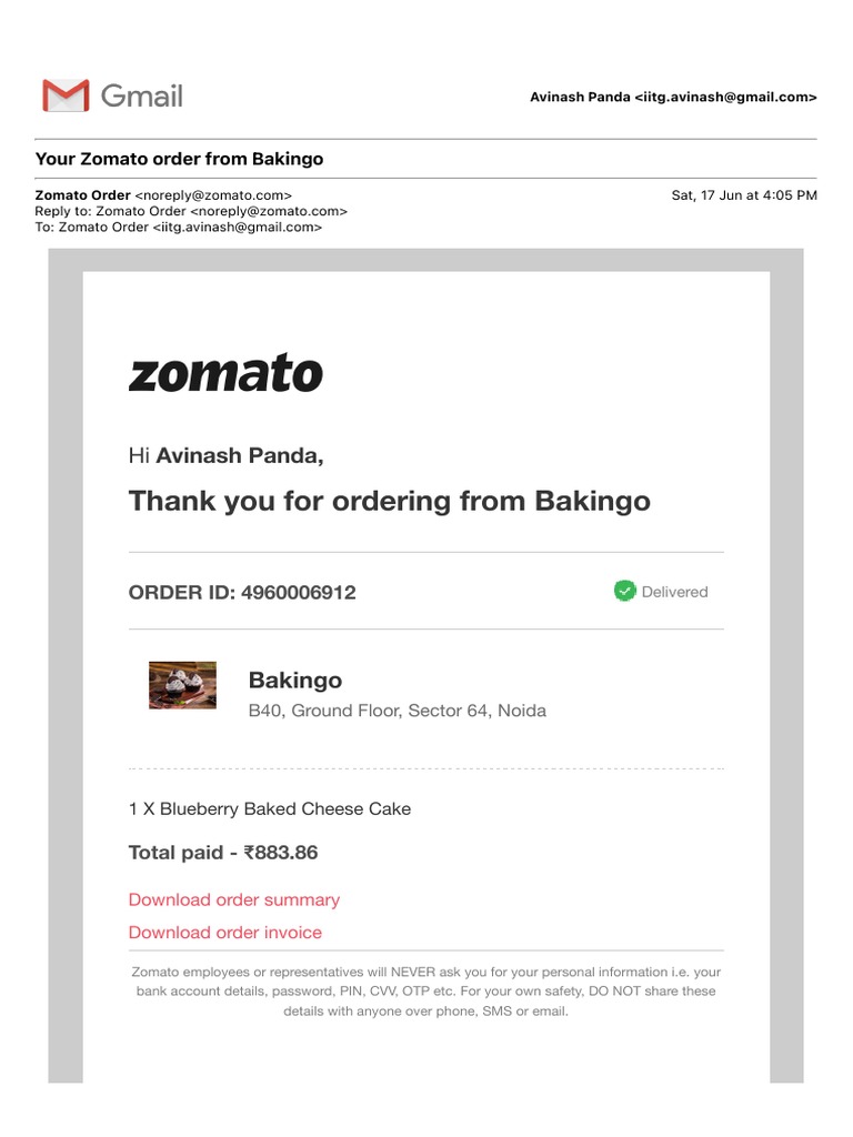 Your Zomato Order From Bakingo | PDF