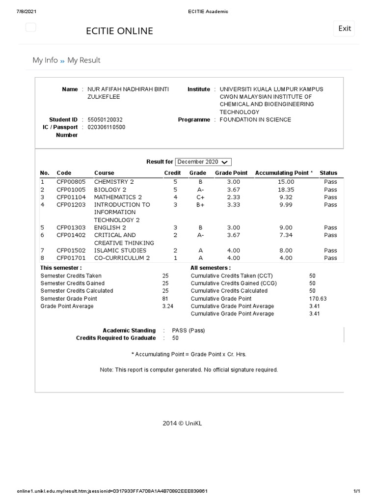UniKL Foundation in Science Results | PDF | Science
