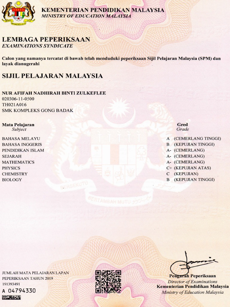 Sijil SPM - Nur Afifah Nadhirah (020306110500) | PDF
