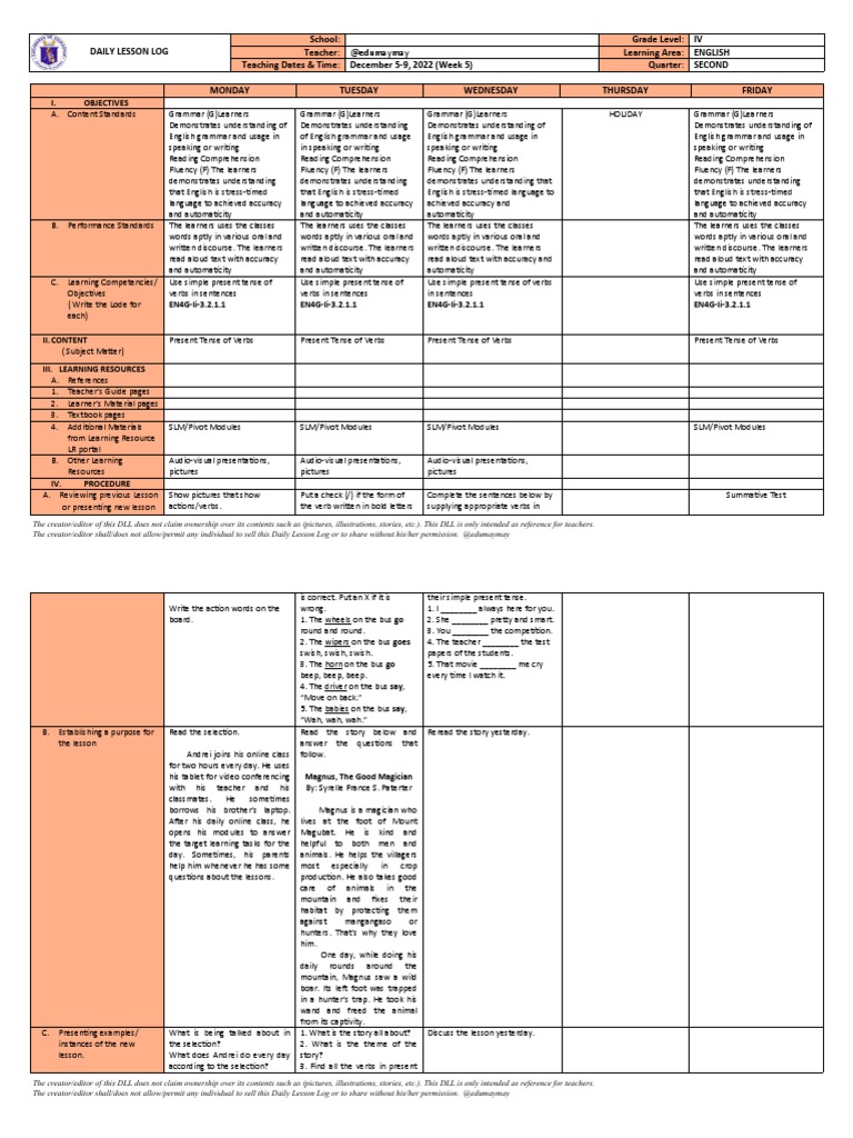 DLL - ENGLISH 4 - Q2 - W5 - Present Tense of Verbs@edumaymay | PDF ...