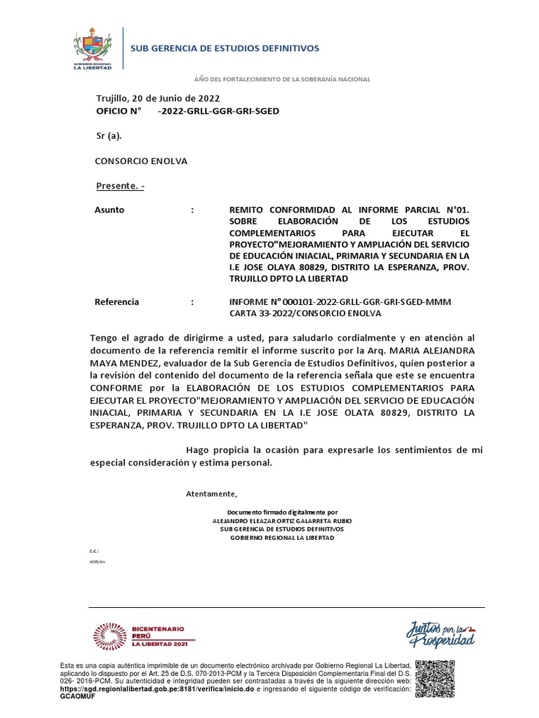 Anexo 16 - Oficio de Conformidad de Estudios Complementarios Por Parte Del GRLL | PDF