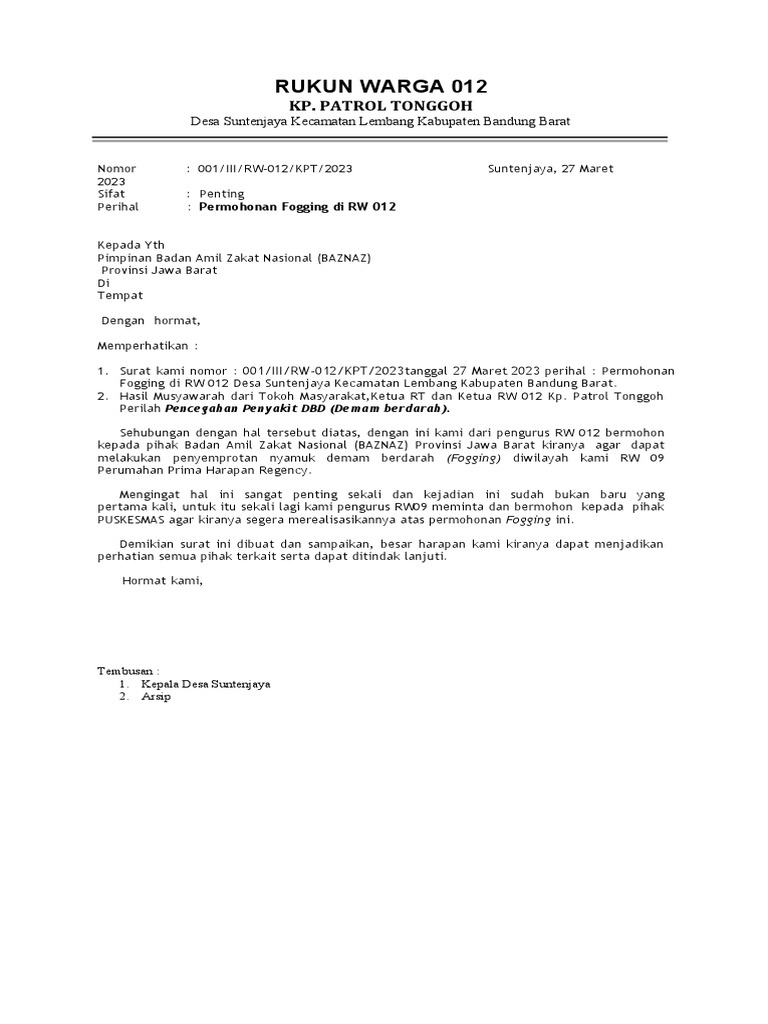 Permohonan Fogging RUKUN WARGA 012 | PDF