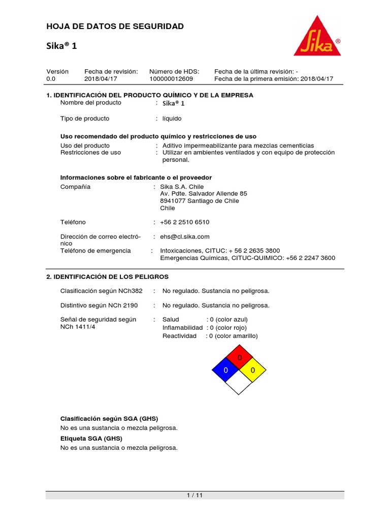 Anexo 12 - Hojas de Seguridad (MDSM) de Insumos Químicos | PDF | Cemento | Agua