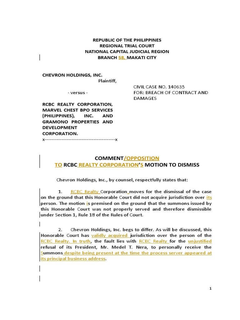 Comment To RCBC's Motion To Dismiss (Draft) (v2) | PDF | Service Of ...