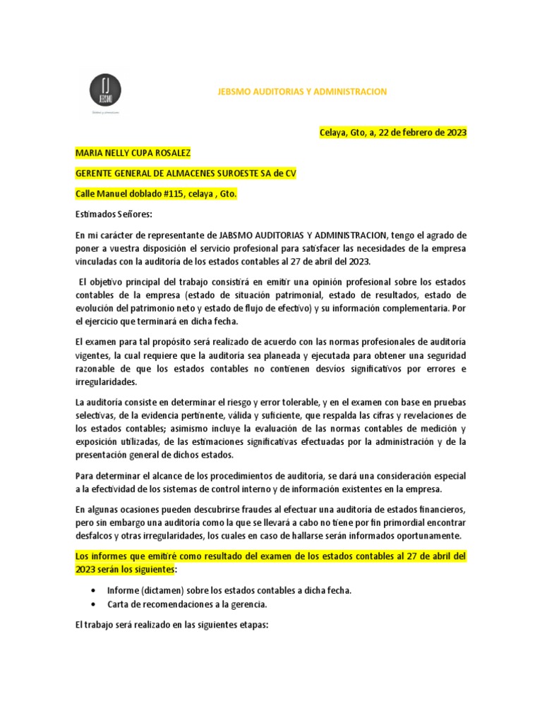 Carta Inicial AUDITORIA | PDF | Auditoría