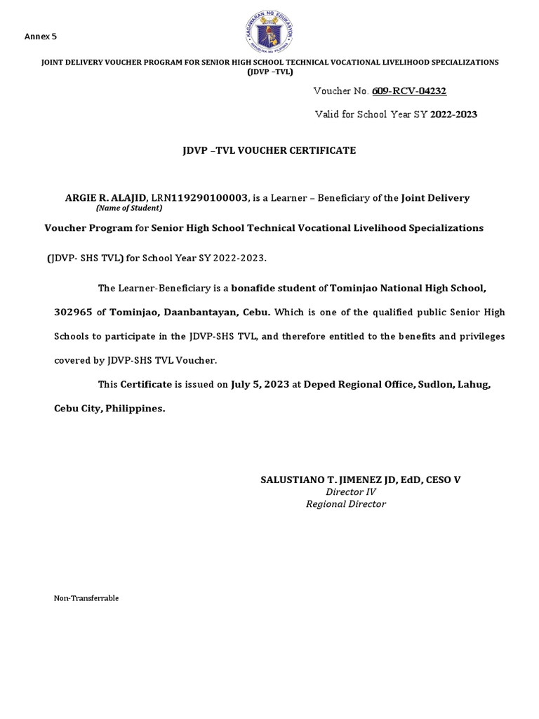 Annex 5 JDVP TVL Voucher Certificate 1 | PDF | Government Related ...