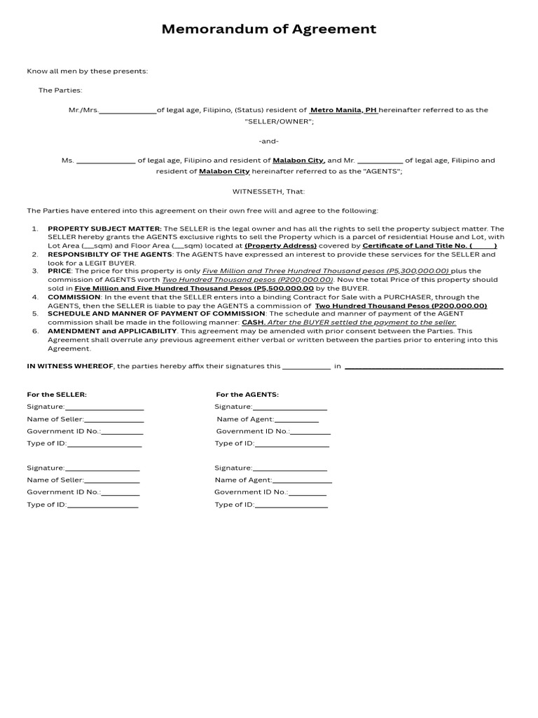 Blank Memorandum of Agreement | Download Free PDF | Sales | Economies